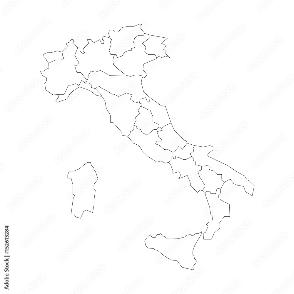 Map of Italy divided into 20 administrative regions. White land and black outline borders ...