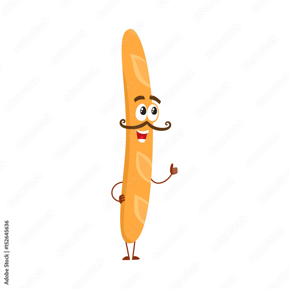 French baguette, white long bread character with smiling human face and ...