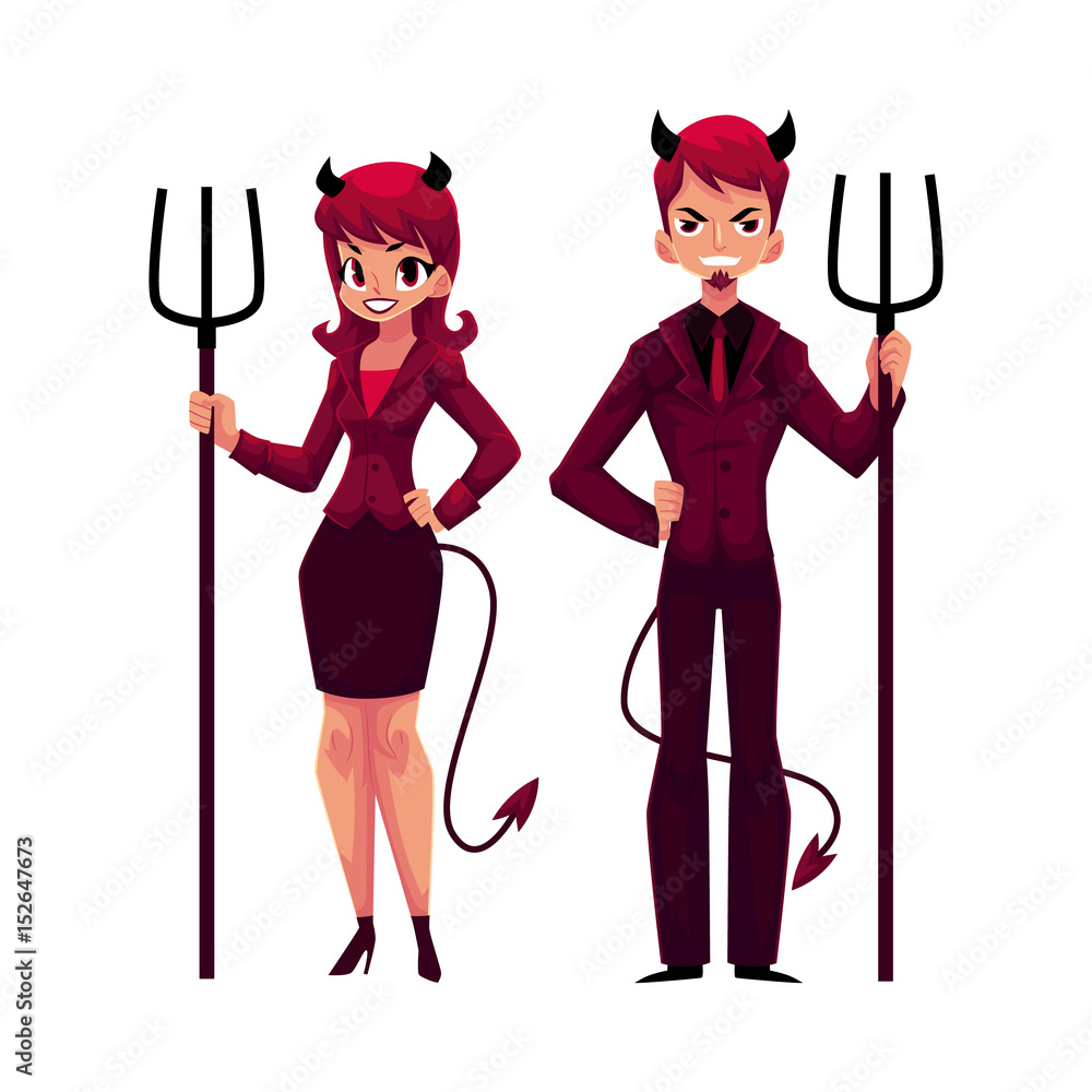 Man and woman dressed as devils in business suits, cartoon vector ...