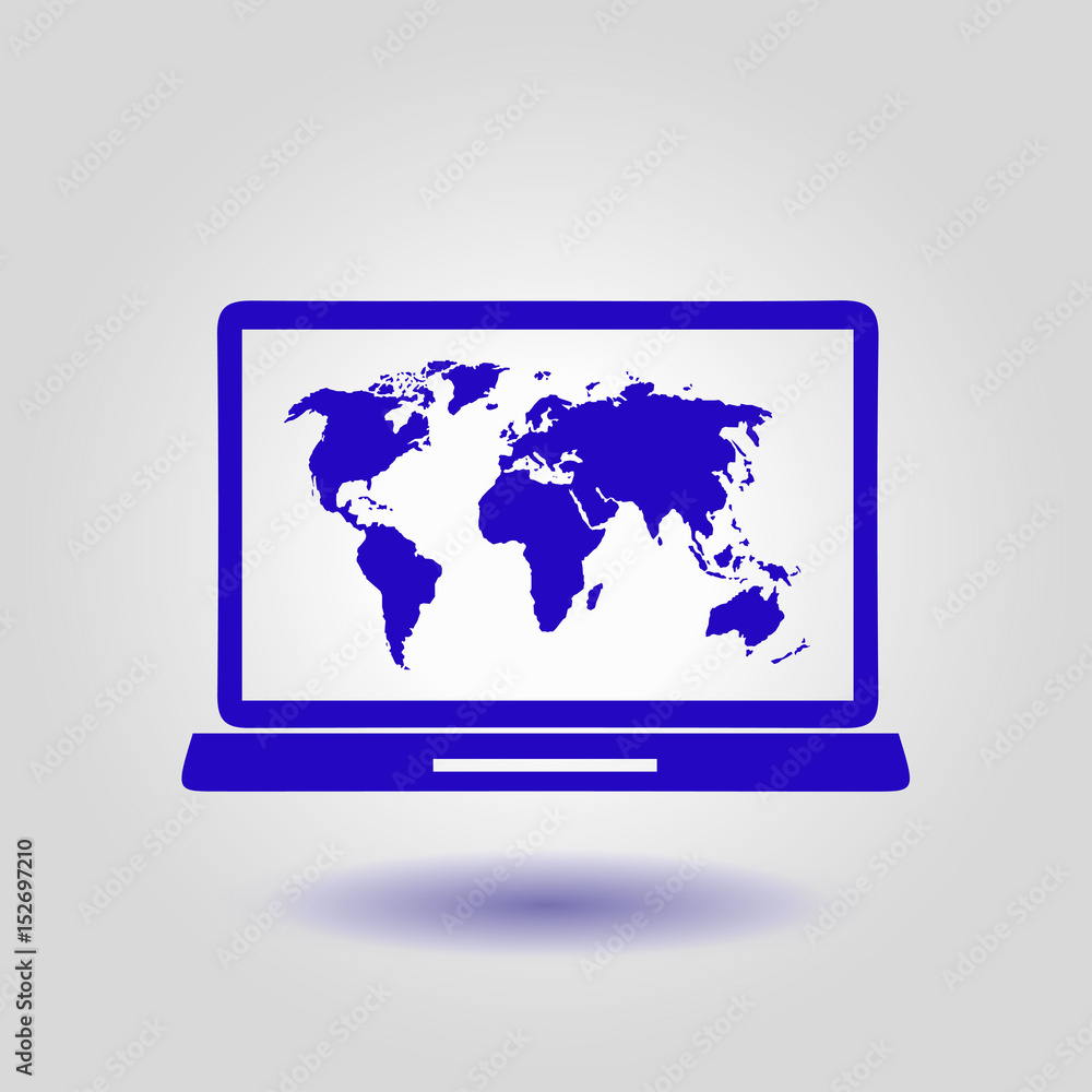 Laptop and world map illustration. World map geography symbol. Flat ...