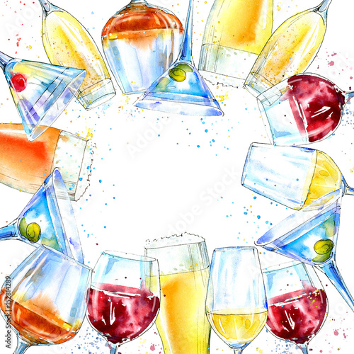 Frame of a champagne,cognac, wine,martini, beer and glass. Border of a ...