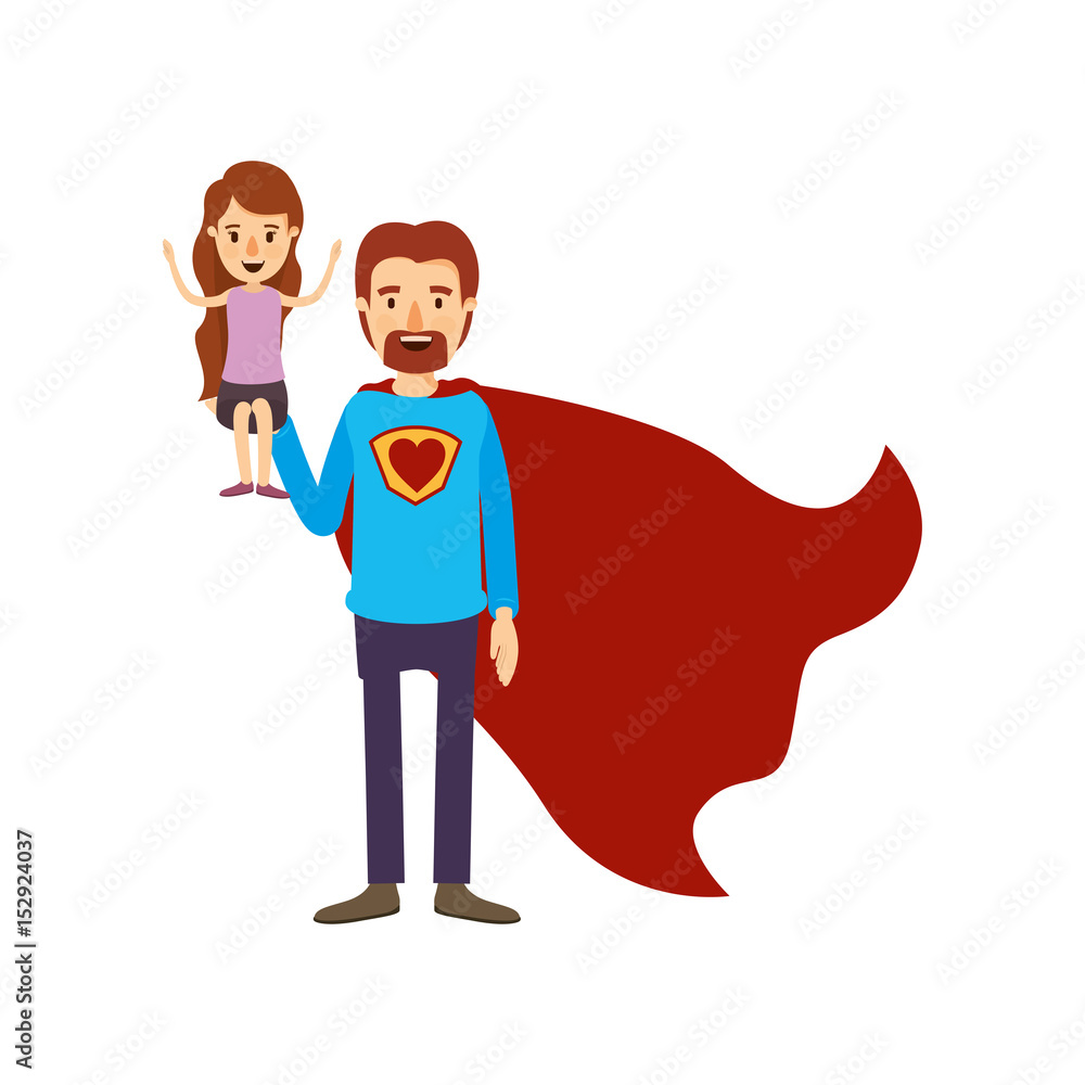 colorful image caricature full body super dad hero with girl on his ...