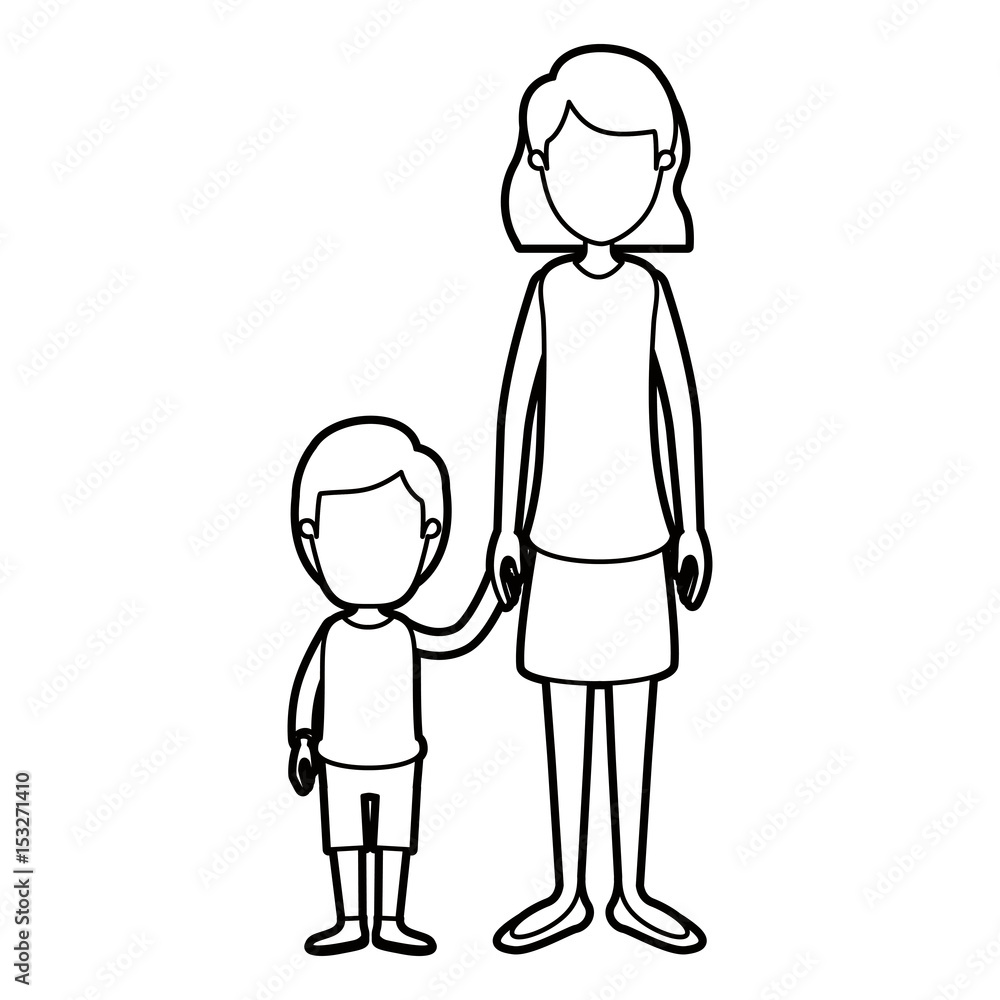 black thick contour caricature faceless full body mother taken hand ...