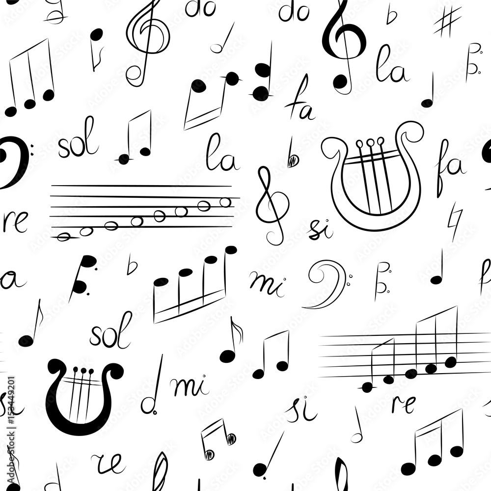 Seamless Pattern of Hand Drawn Set of Music Symbols. Doodle Treble Clef ...