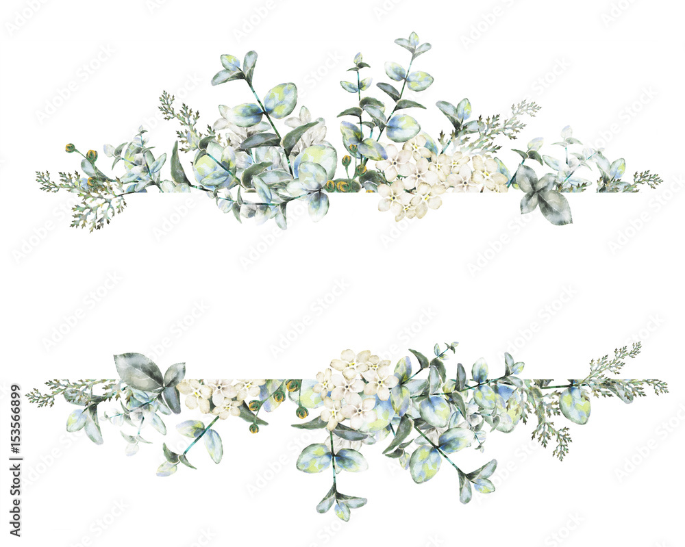 Card, Watercolor invitation design with herbs, white flowers and leaves ...