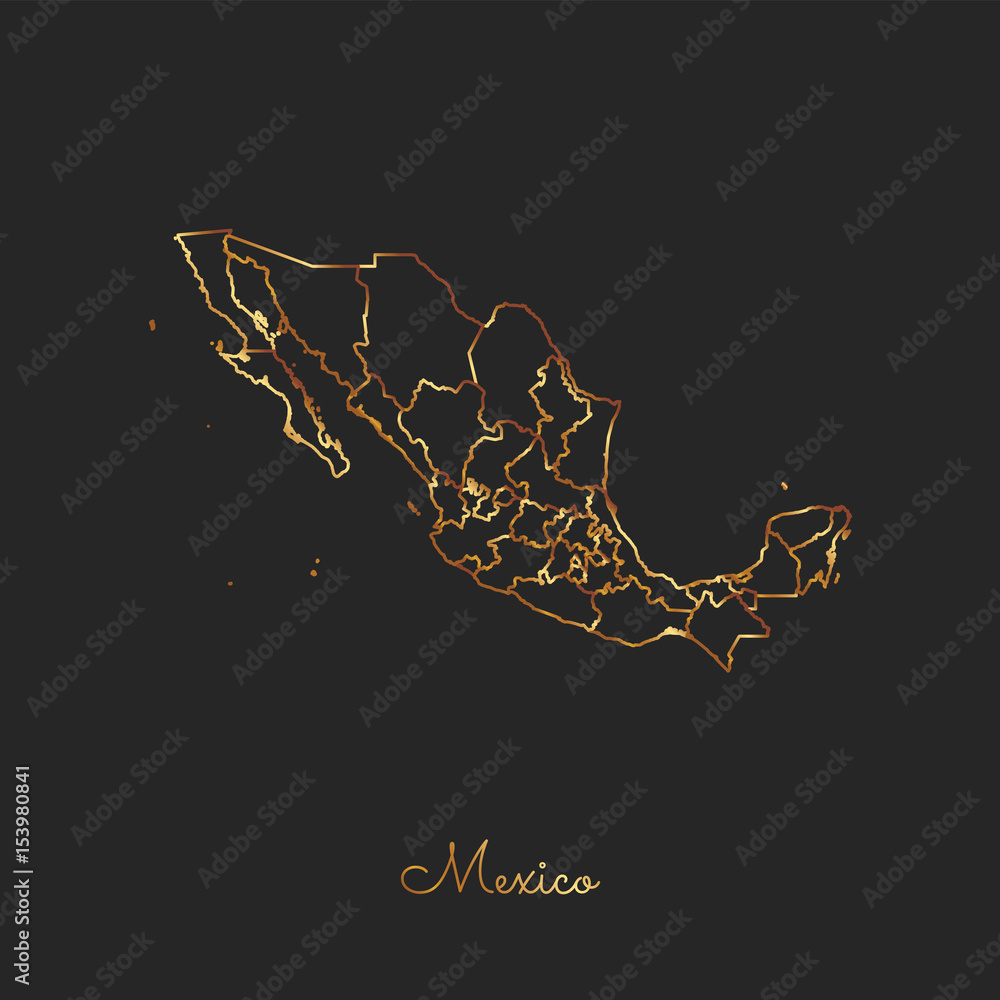 Mexico region map: golden gradient outline on dark background. Detailed ...