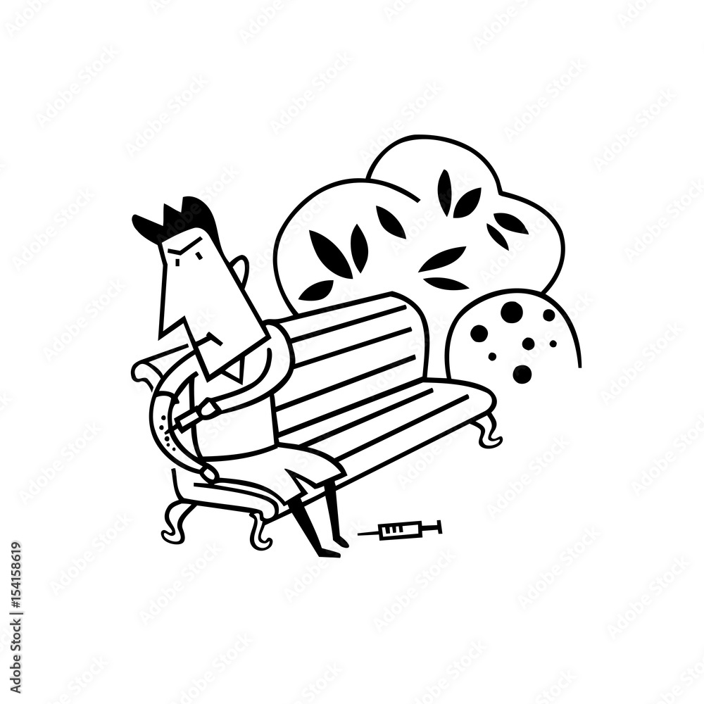 Cartoon vector illustration of a drug addict man addicted to heroin ...