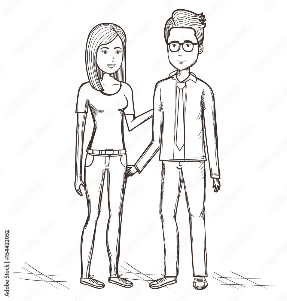 Hand drawn uncolored standing people over white background. Vector ...