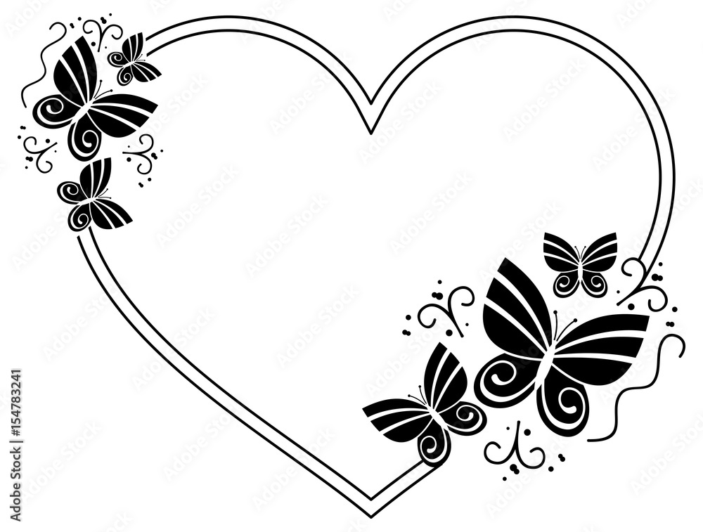 Heart shaped silhouette frame with butterflies. Vector clip art. Stock ...