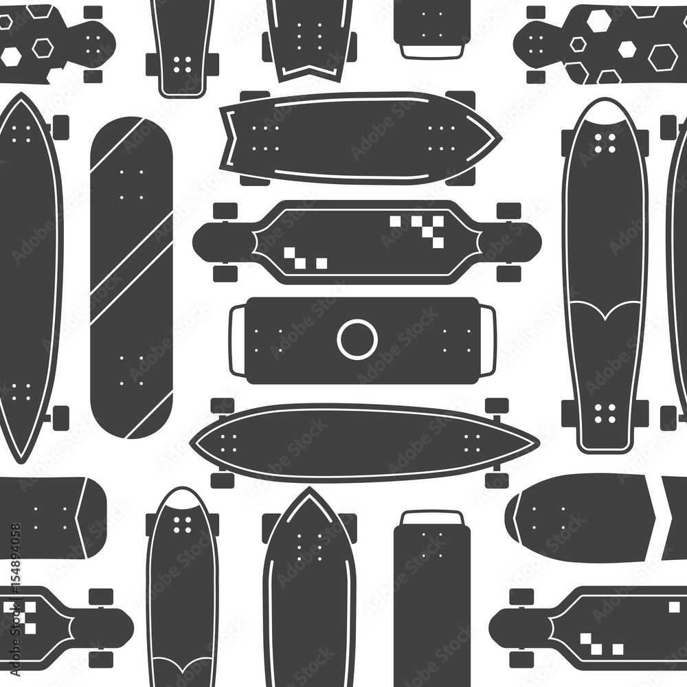 Skateboard pattern with vector various skate decks in outline design ...