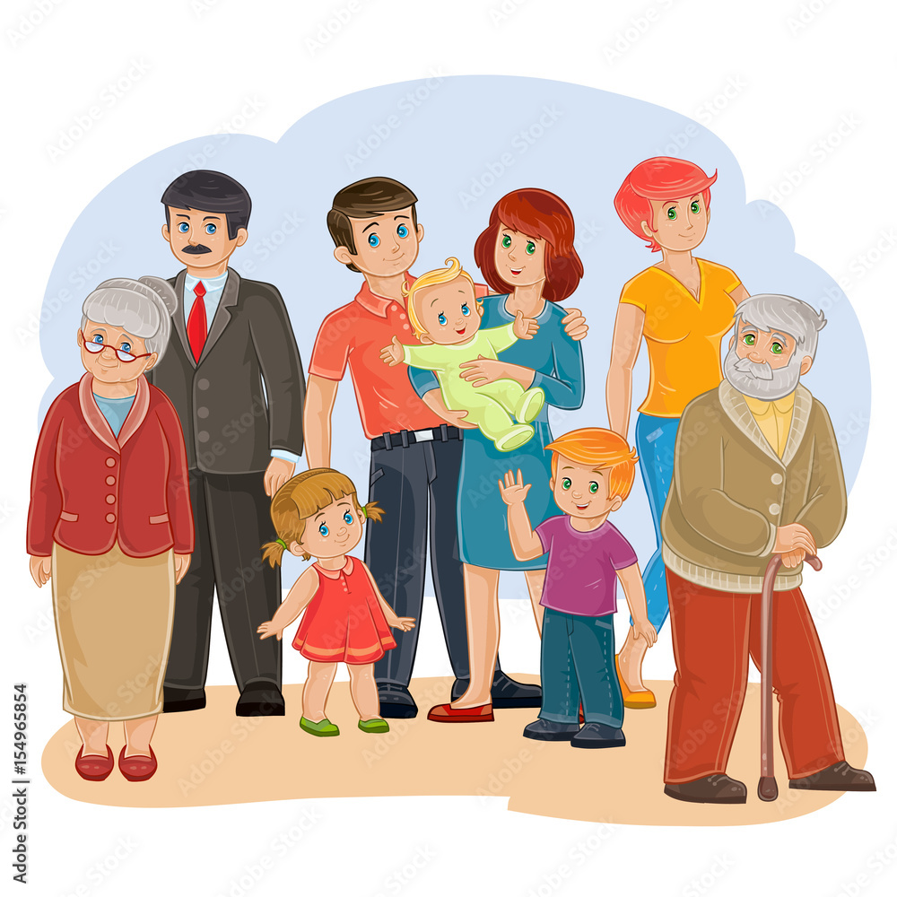 Vector illustration of a happy family of nine people - great ...