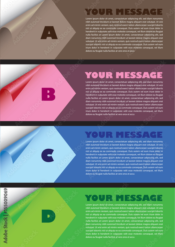 Layout designs with 4 horizontal colorful paper peeling off white ...
