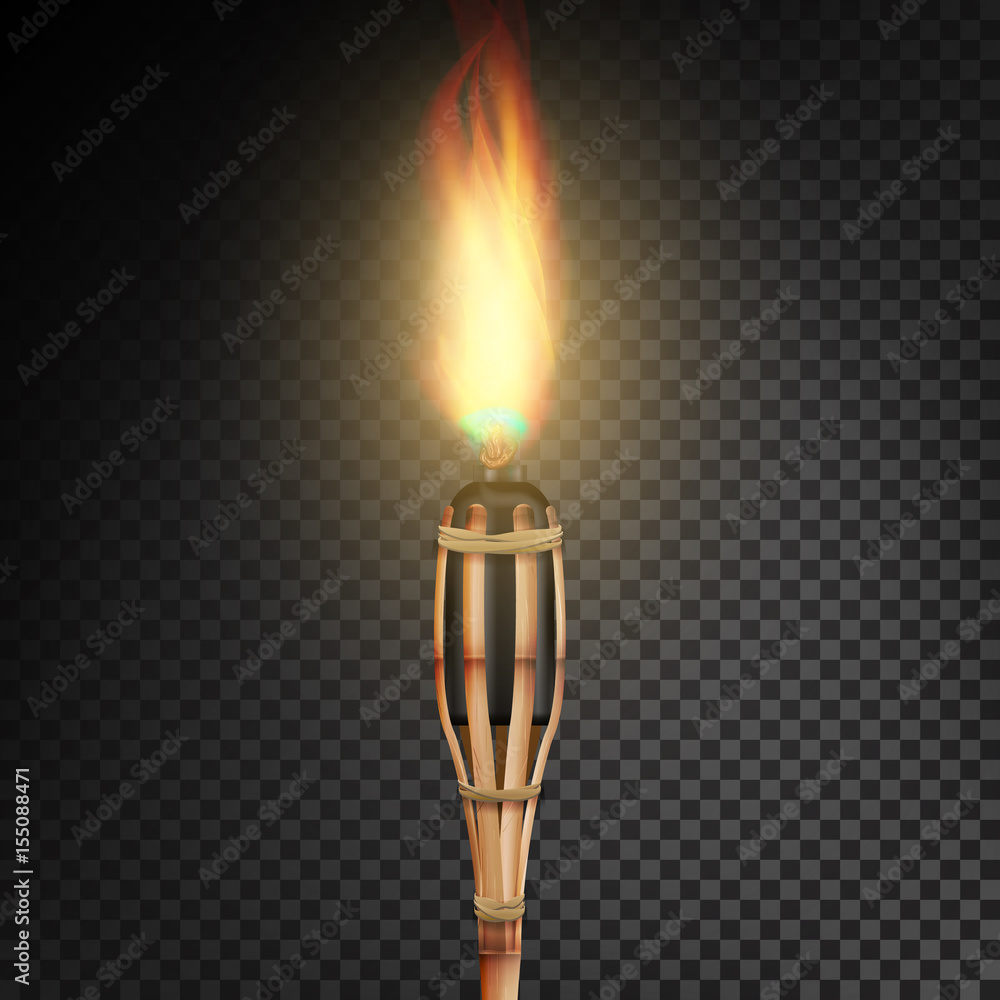 Burning Beach Bamboo Torch With Flame. Realistic Fire. Realistic Fire ...