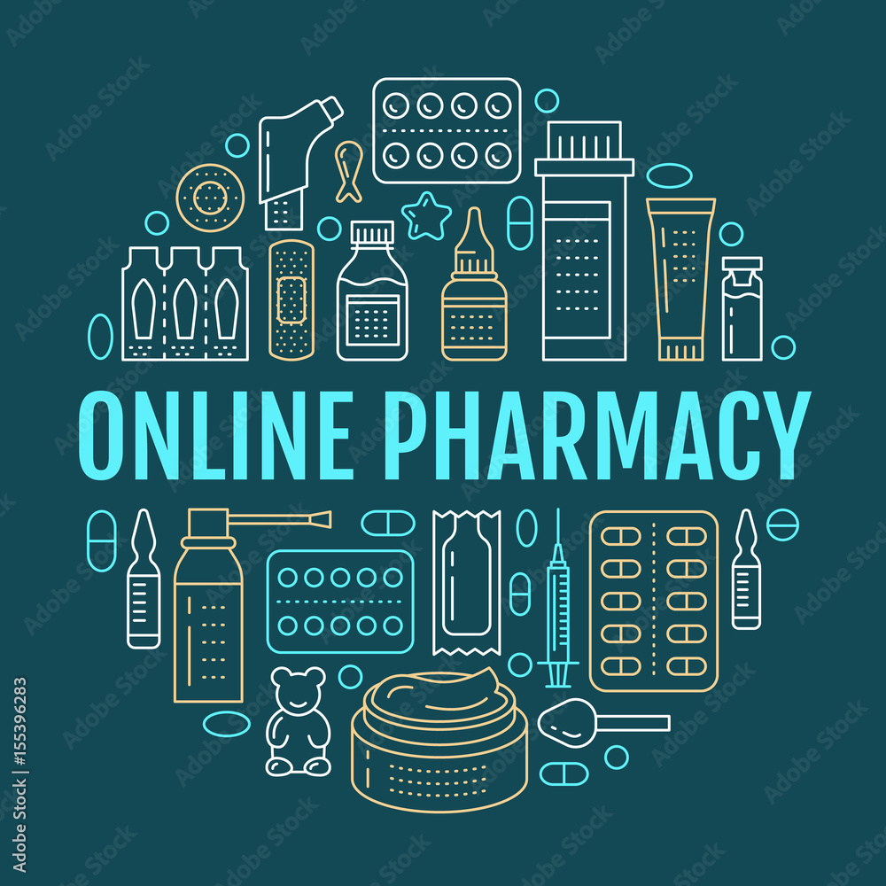 Medical, drugstore poster template. Vector medicament line icons ...