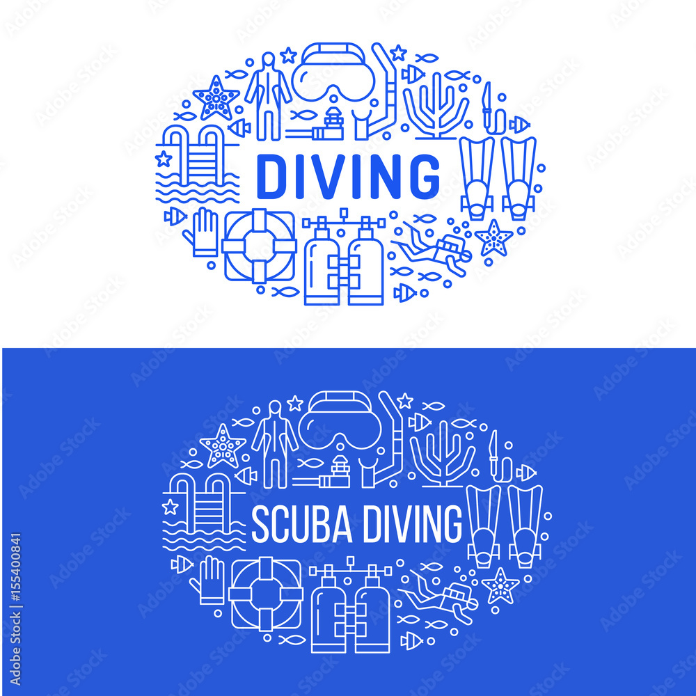 Scuba diving, snorkeling banner illustration. Water sport vector flat ...