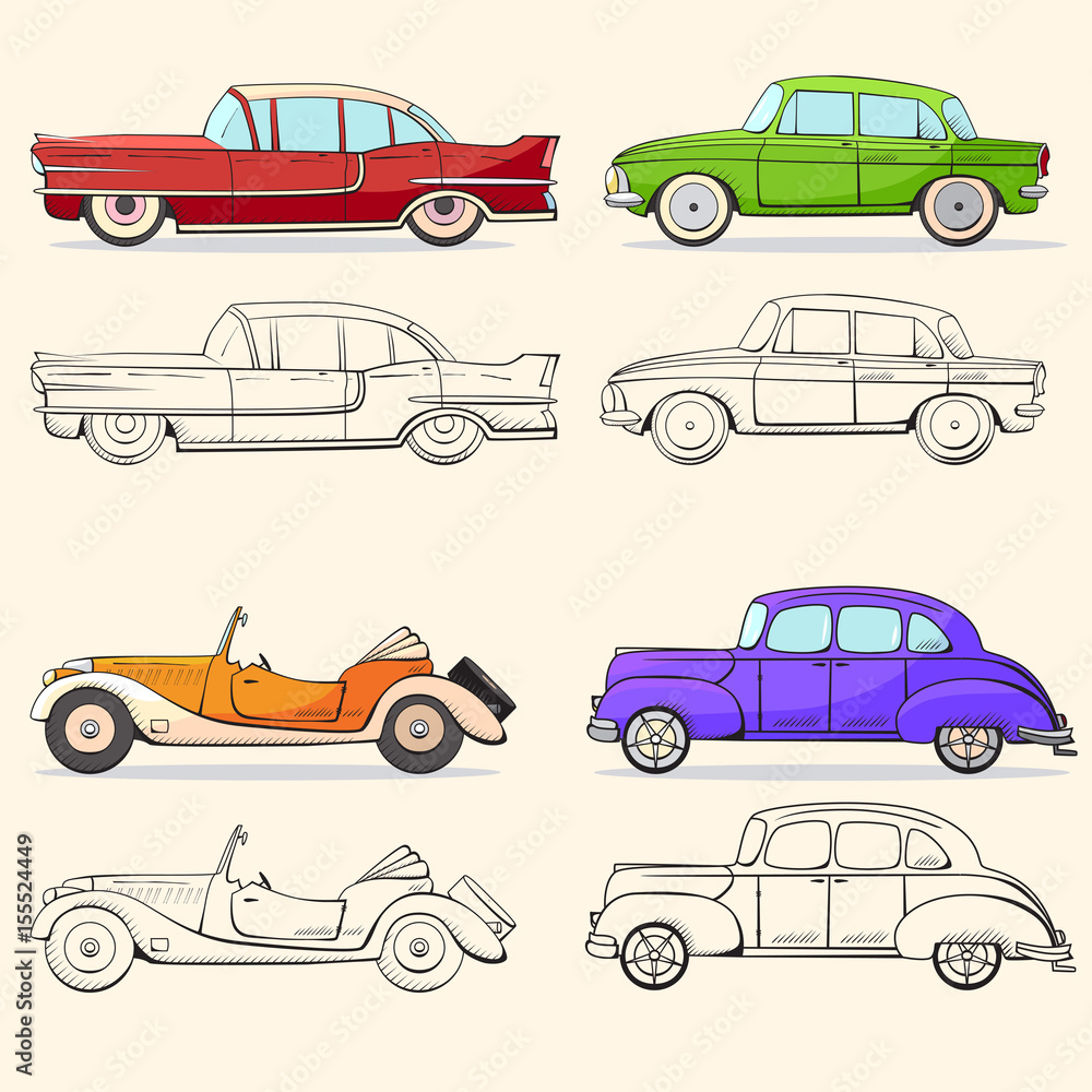 Collection with retro car in cartoon style. Color and black outline ...