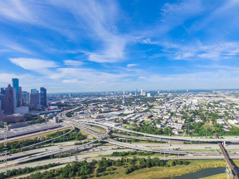 Aerial view Downtown with Interstate 10, 45 and Gulf freeway ...