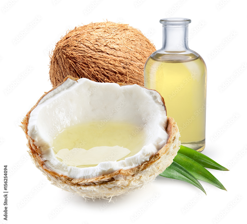 Coconut with coconut oil with and half of young fresh coco nut isolated ...