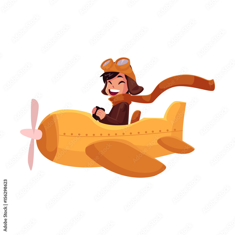 Little boy in pilot helmet and goggles flying in retro airplane ...