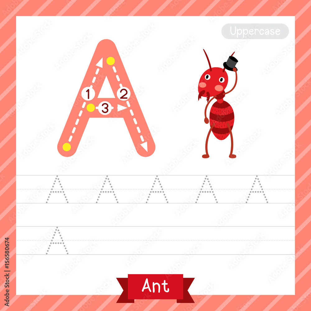 Letter A uppercase tracing practice worksheet with ant for kids ...