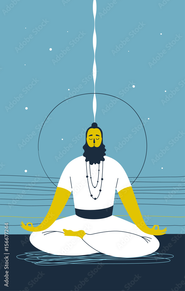 Male yogi with beard sits cross legged and meditates against abstract ...
