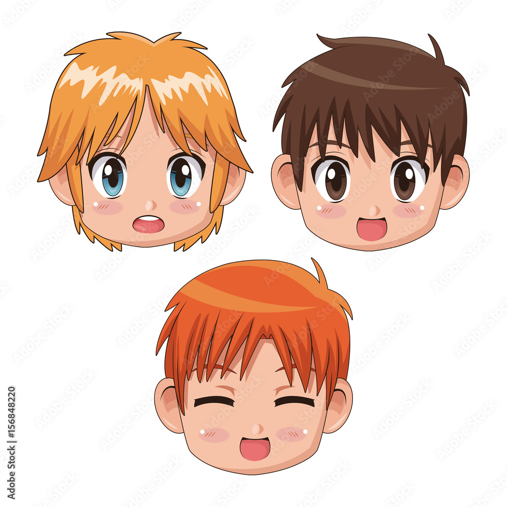 set front view face cute anime tennagers facial expression vector ...