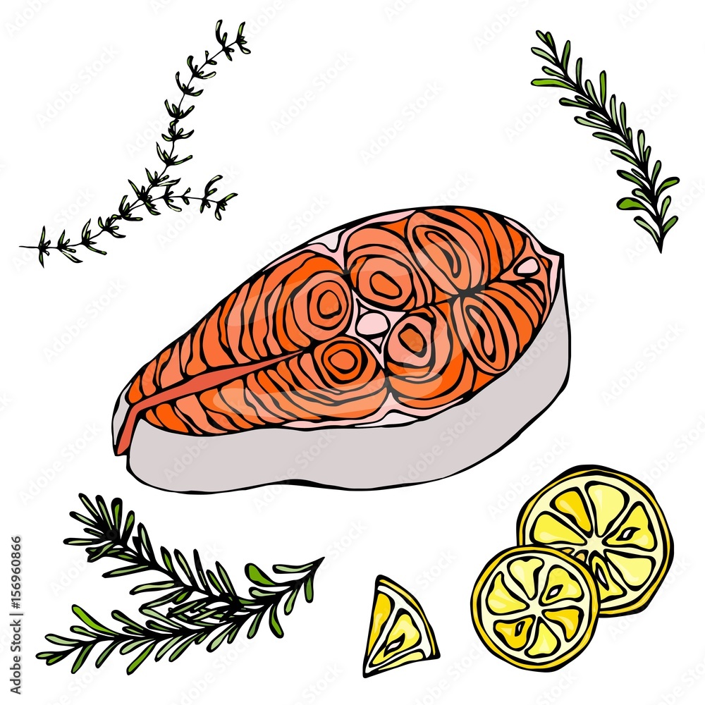 Steak of Red Fish Salmon, Lemon and Herbs for Seafood Menu. Ink Vector ...