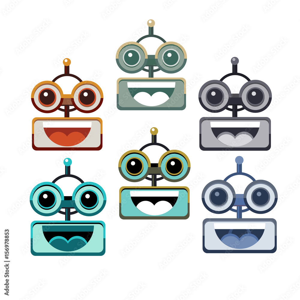 Cartoon Robot Face Smiling Cute Emotion Open Mouth Chat Bot Icon Set ...
