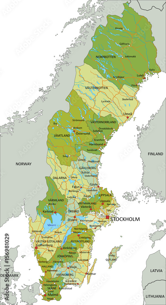 Highly detailed editable political map with separated layers. Sweden ...