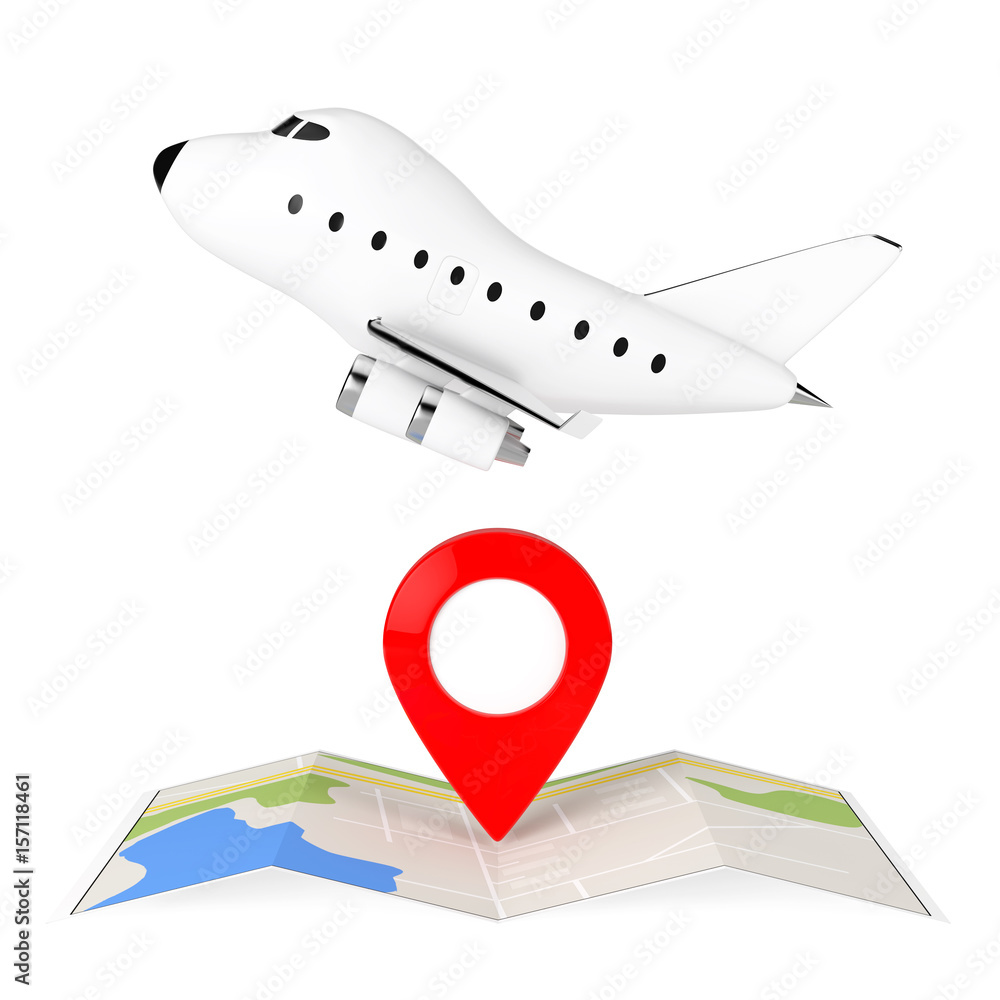Cartoon Toy Jet Airplane over Folded Abstract Navigation Map with ...
