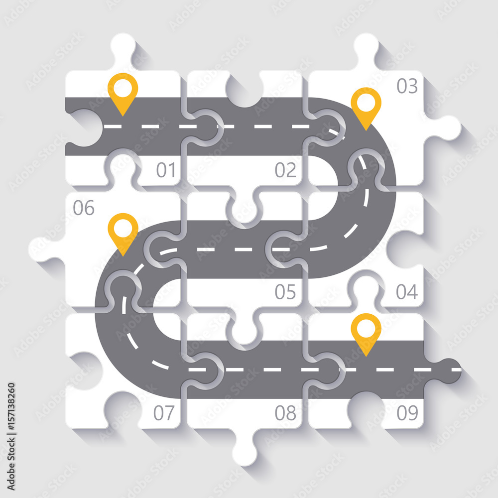 Road trip and Journey route. 3D puzzle infographic template with nine ...