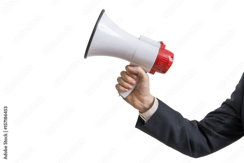 Announcement concept. Hand holds megaphone. Isolated on white ...