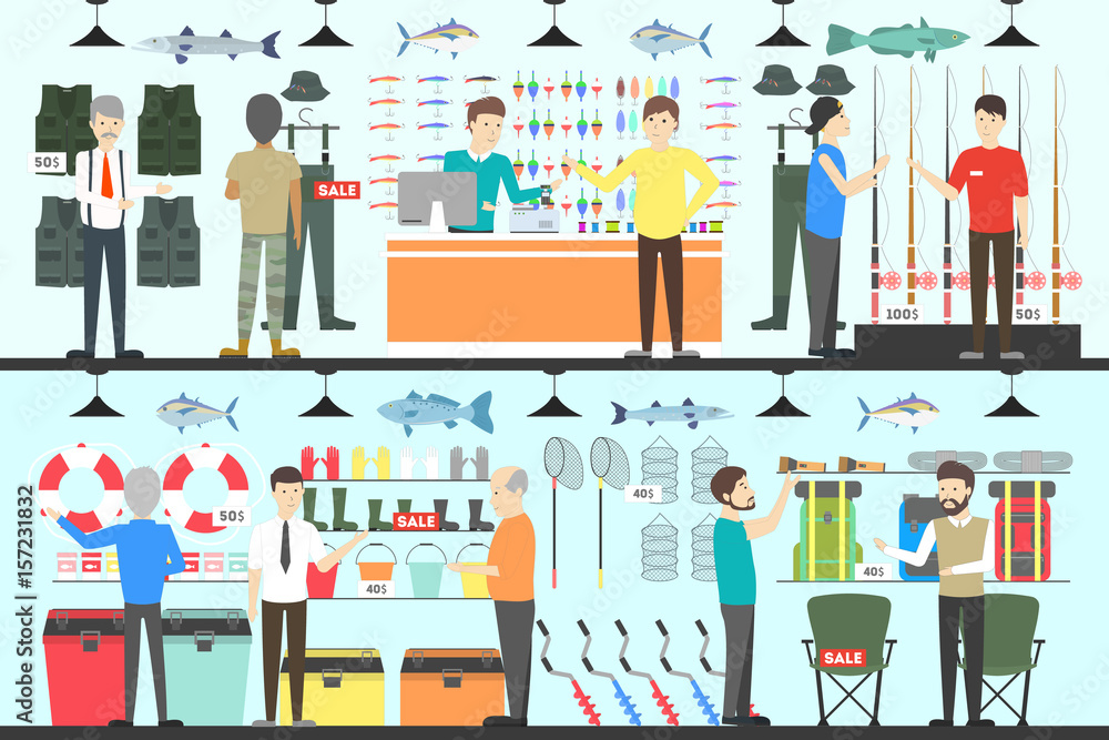 Fishing shop interior set. Stock Vector | Adobe Stock