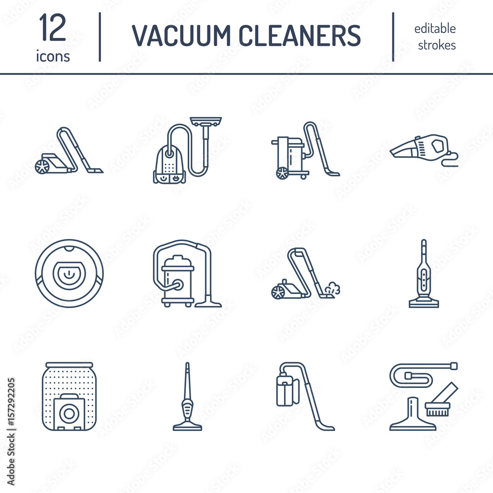 Vacuum cleaners flat line icons. Different vacuums types - industrial ...