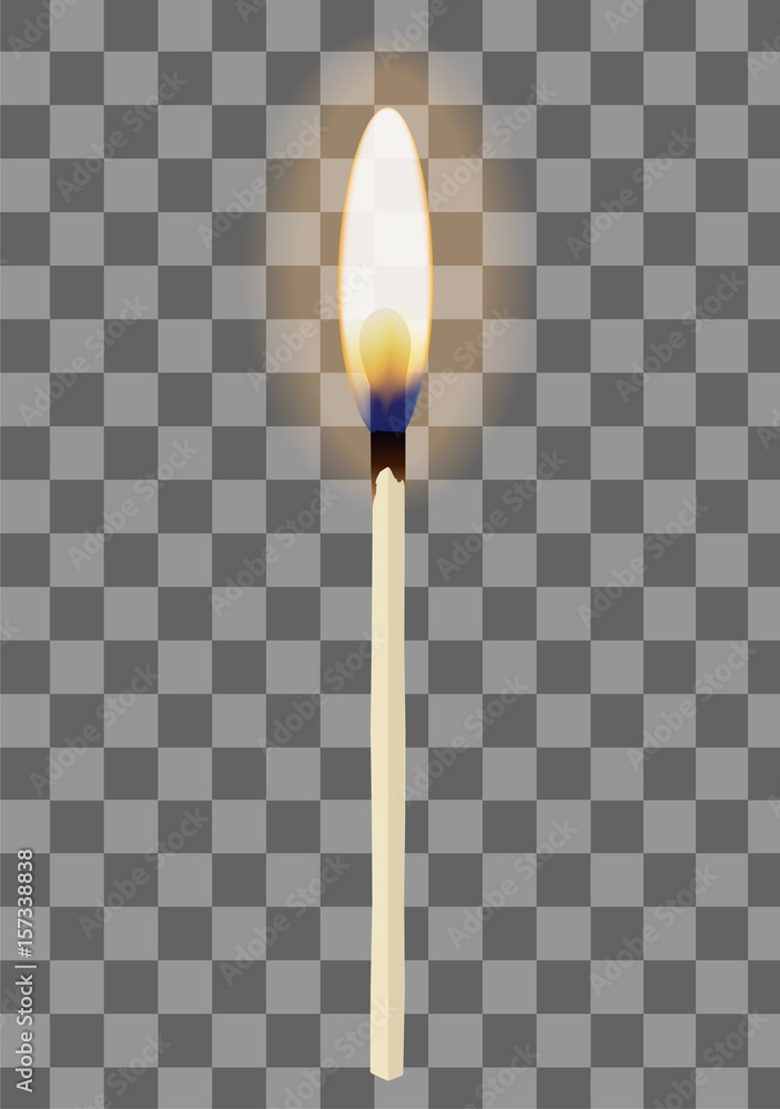 Realistic burning match on transparent checkered background. Vector ...