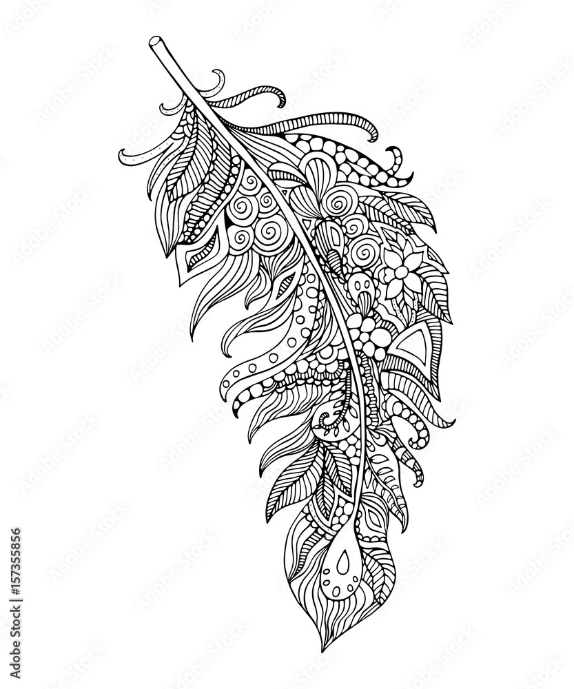 Feather coloring page. Hand-drawing feather Stock Vector | Adobe Stock