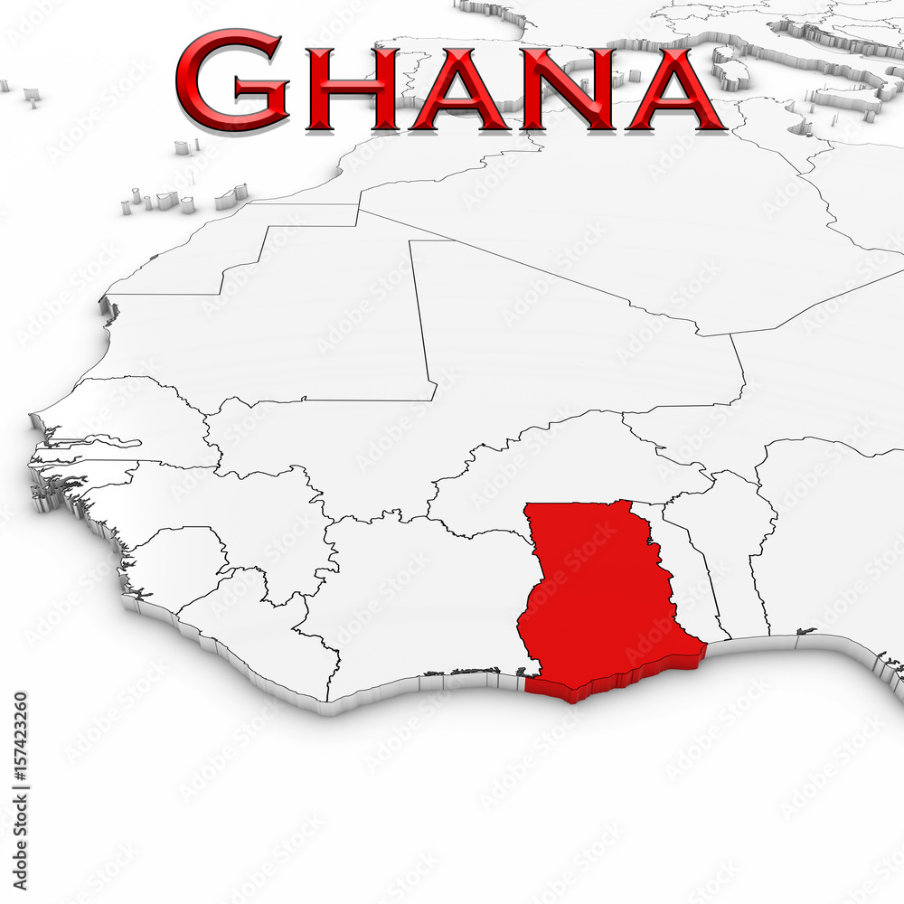 3D Map of Ghana with Country Name Highlighted Red on White Background ...