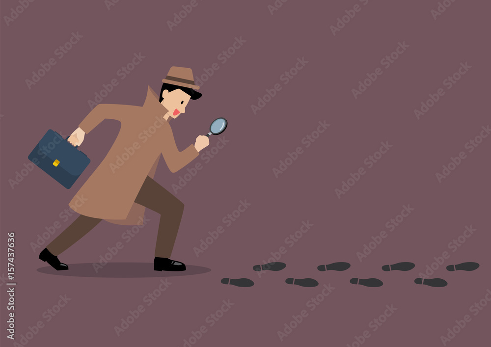 Detective investigate is following footprints with magnifying glass ...