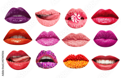 Collage of female lips on white background. Creative makeup Stock Photo ...