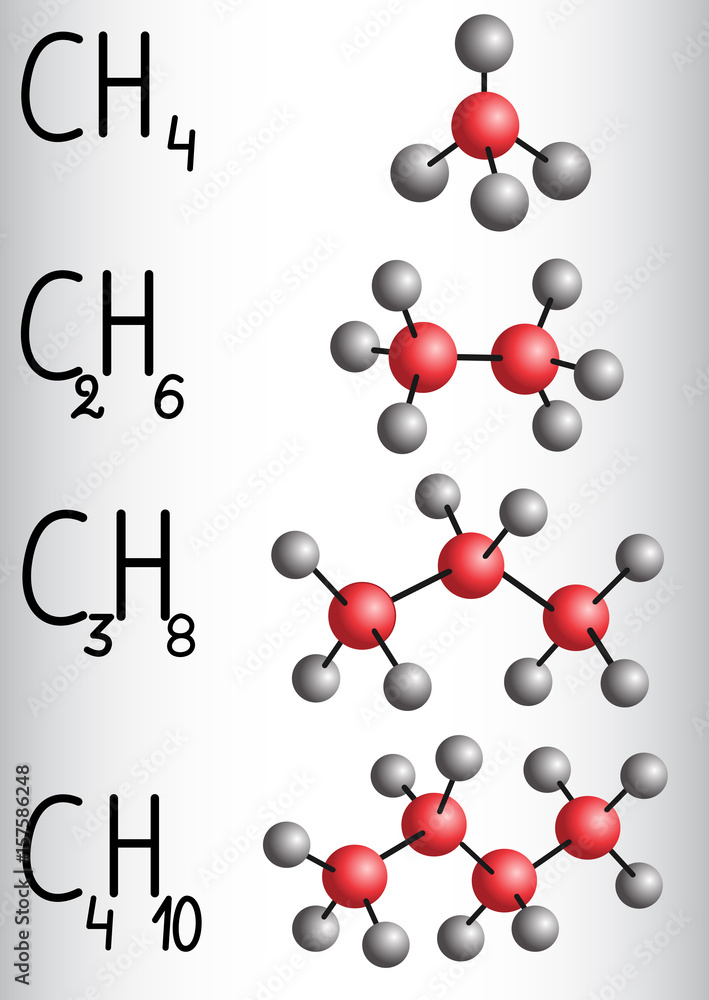 Chemical formula and molecule model methane CH4, ethane C2H4, propane C3H8, butane C4H10 ...