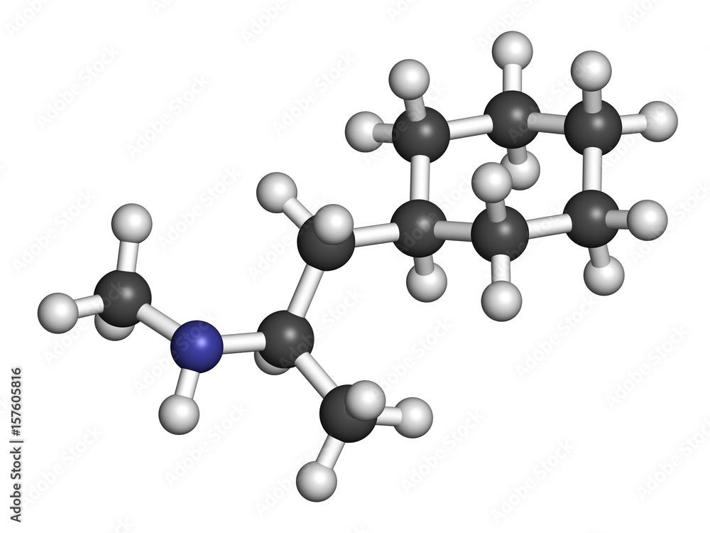 Propylhexedrine molecule. Used as nasal decongestant and stimulant. 3D ...