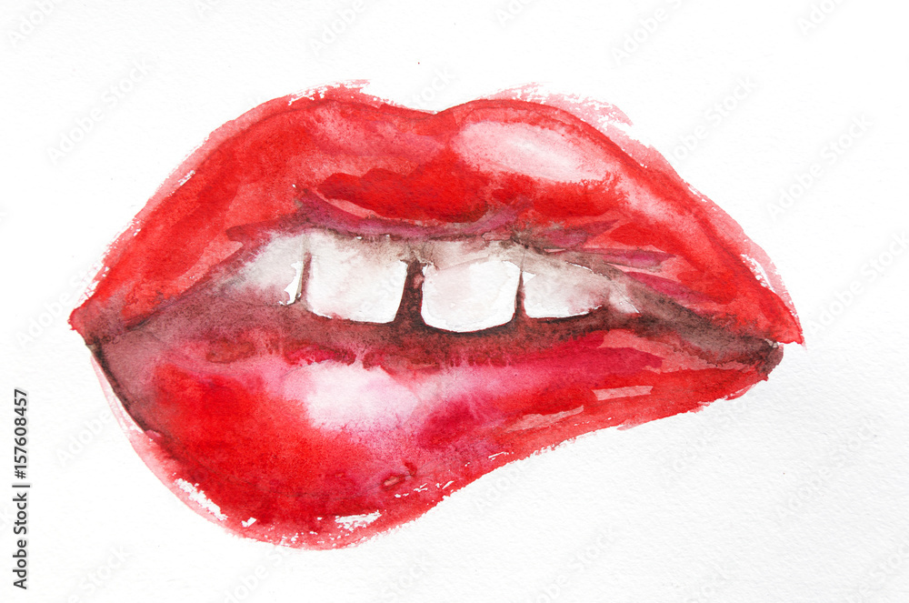 Girls open mouth with red lips biting. Womans teeth. Hand drawn ...