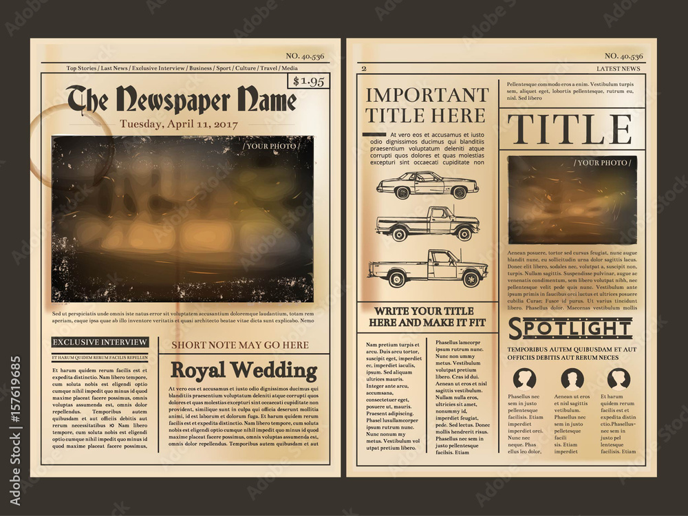 Layout design. Front page of vintage newspaper. Vector illustration ...