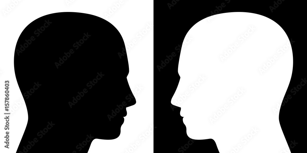 Opposing view - two heads facing each other, one is black on white, the ...