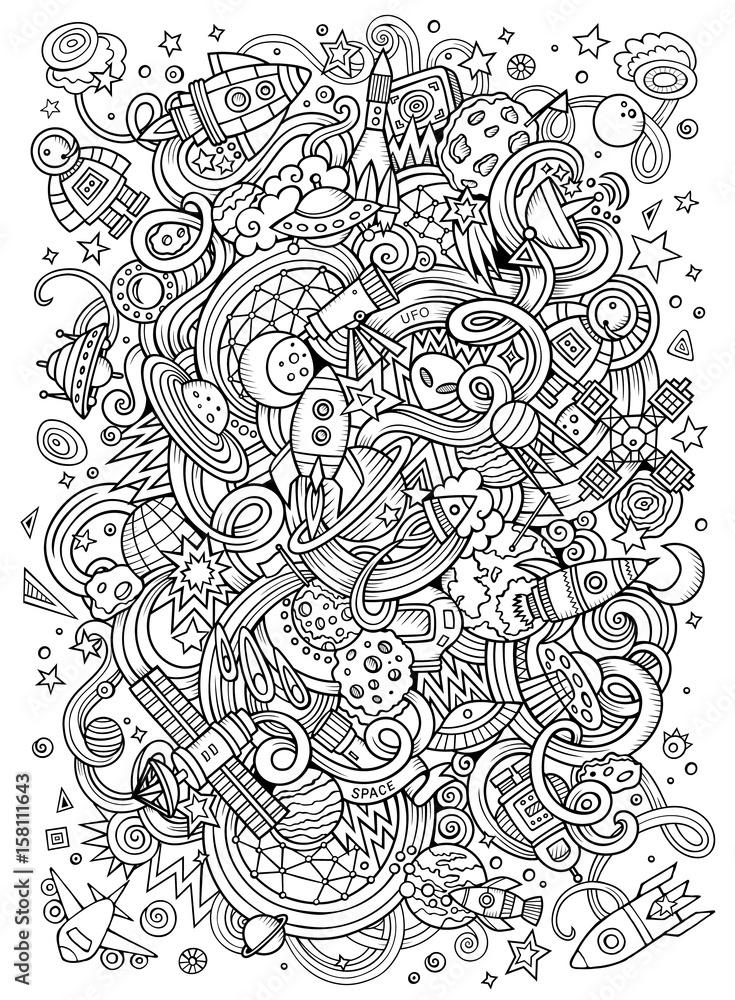 Cartoon hand-drawn doodles Space illustration. Line art detailed Stock ...