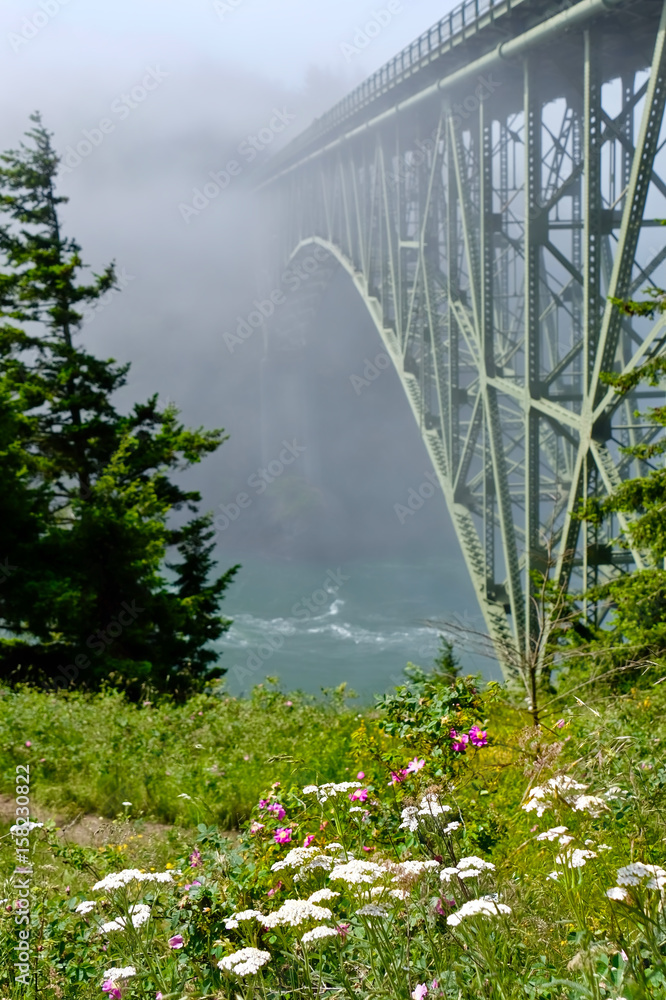 Deception Pass Bridge in fog. Arch bridge. Deception Pass State Park ...