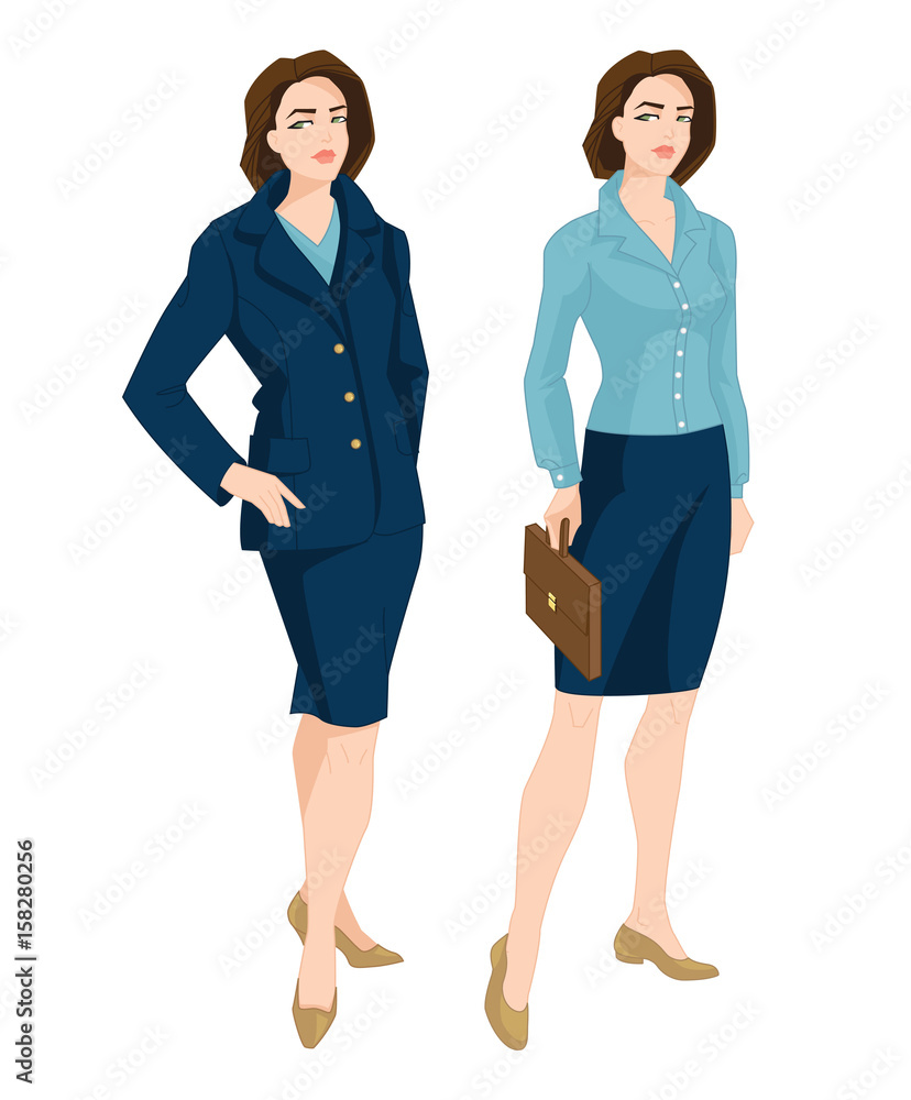 Vector illustration of corporate dress code. Business women in blue ...