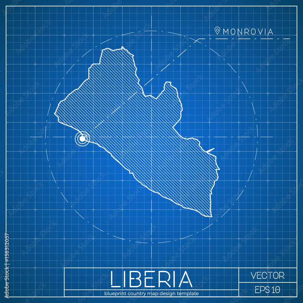 Liberia blueprint map template with capital city. Monrovia marked on ...