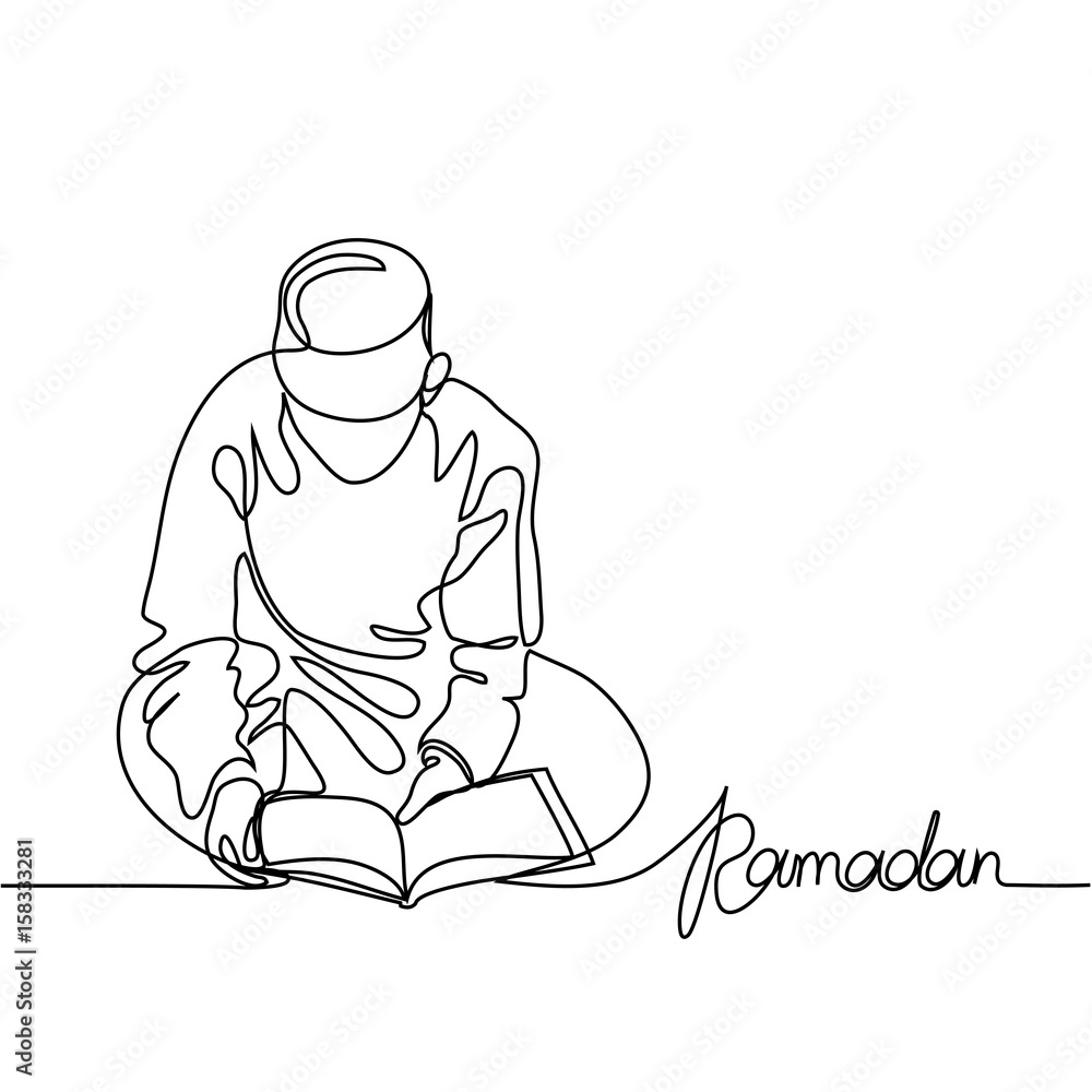 Boy in fez reading Koran. Continuous line drawing vector illustration ...
