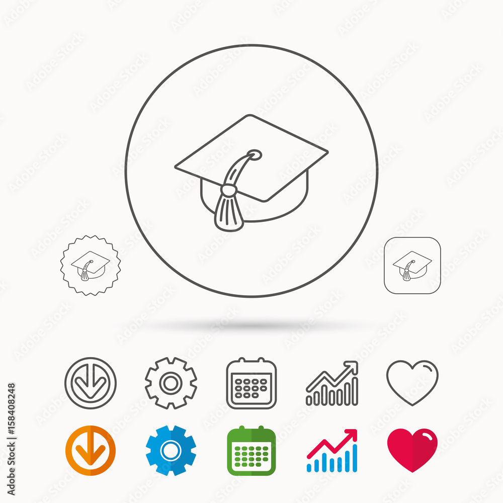 Graduation cap icon. Diploma ceremony sign. Calendar, Graph chart and ...